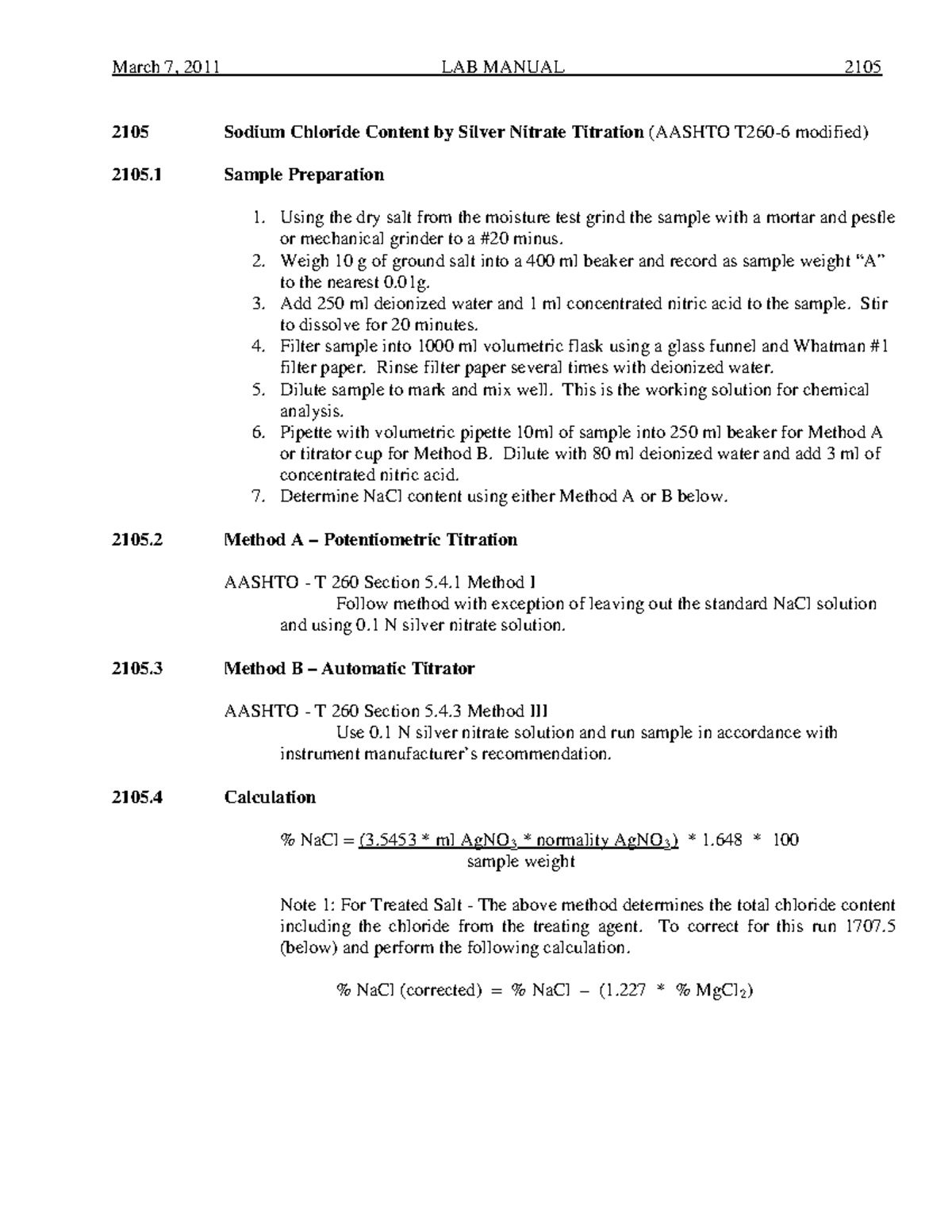 2105 - practical niorganic II - March 7, 2011 LAB MANUAL 2105 2105 Sodium Chloride Content by ...
