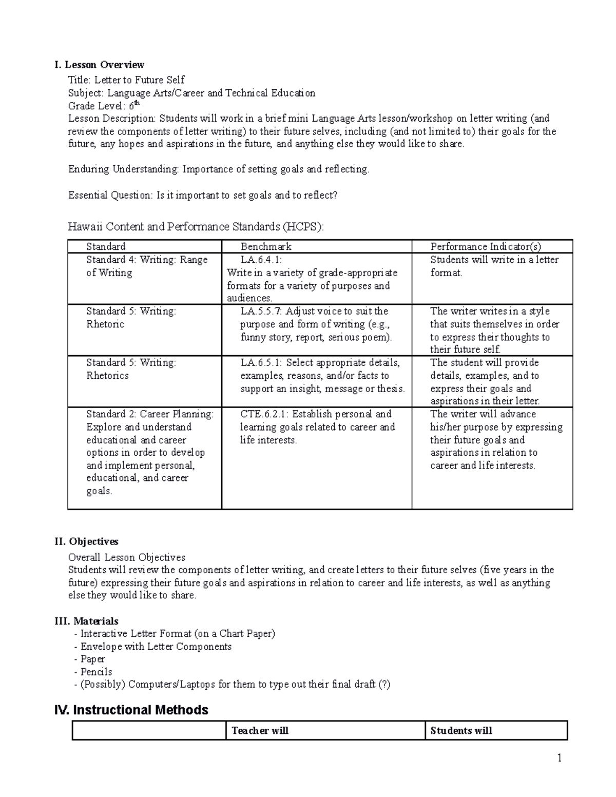 Freebiegrade 6Letter Writingto Future Self Lesson Plan-1 - I. Lesson ...