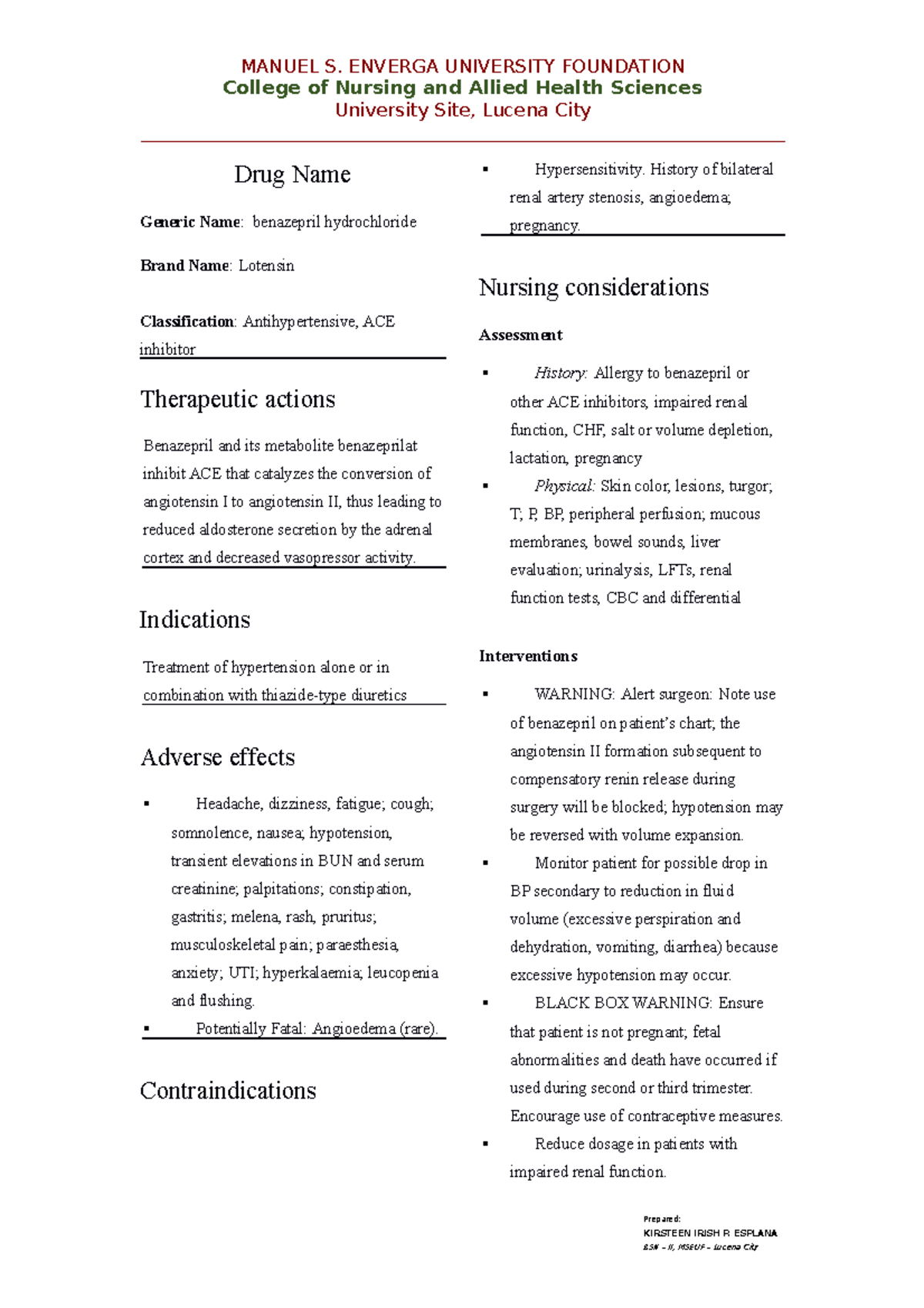 Benazepril hydrochloride - DRUG Study - MANUEL S. ENVERGA UNIVERSITY ...