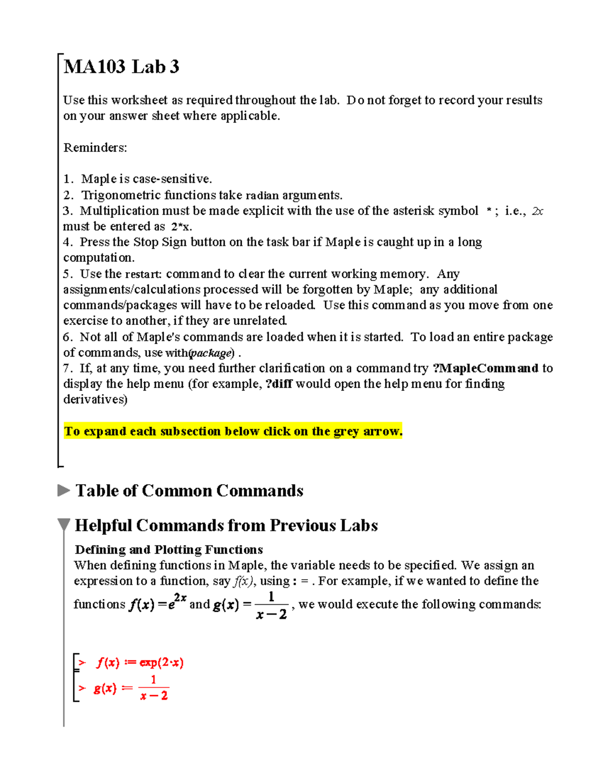 MA103 Lab 3 Maple Worksheet Solutions - MA103 Lab 3 Use this worksheet ...