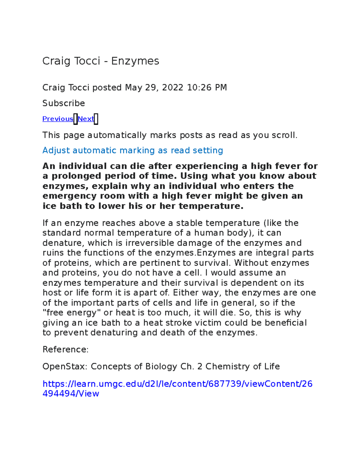 Week 2 Discussion Topic 2 Responses - Craig Tocci - Enzymes Craig Tocci ...