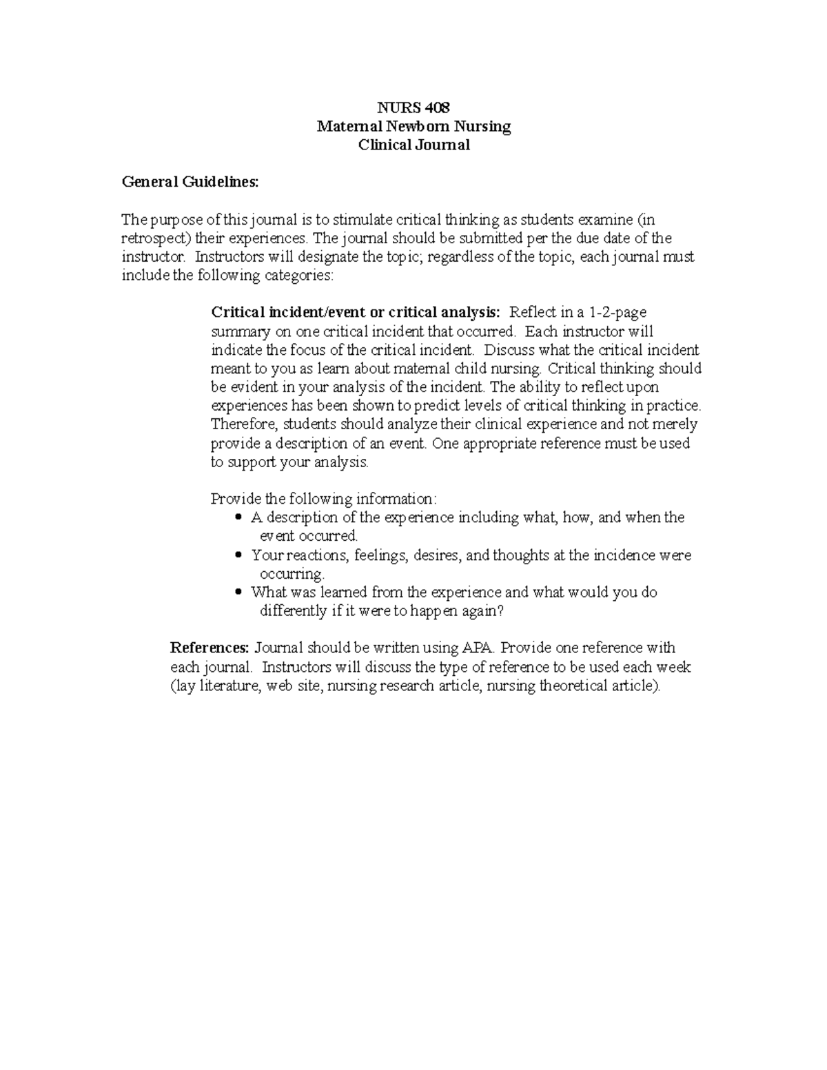 NURS 408 Reflection Journal - NURS 408 Maternal Newborn Nursing ...