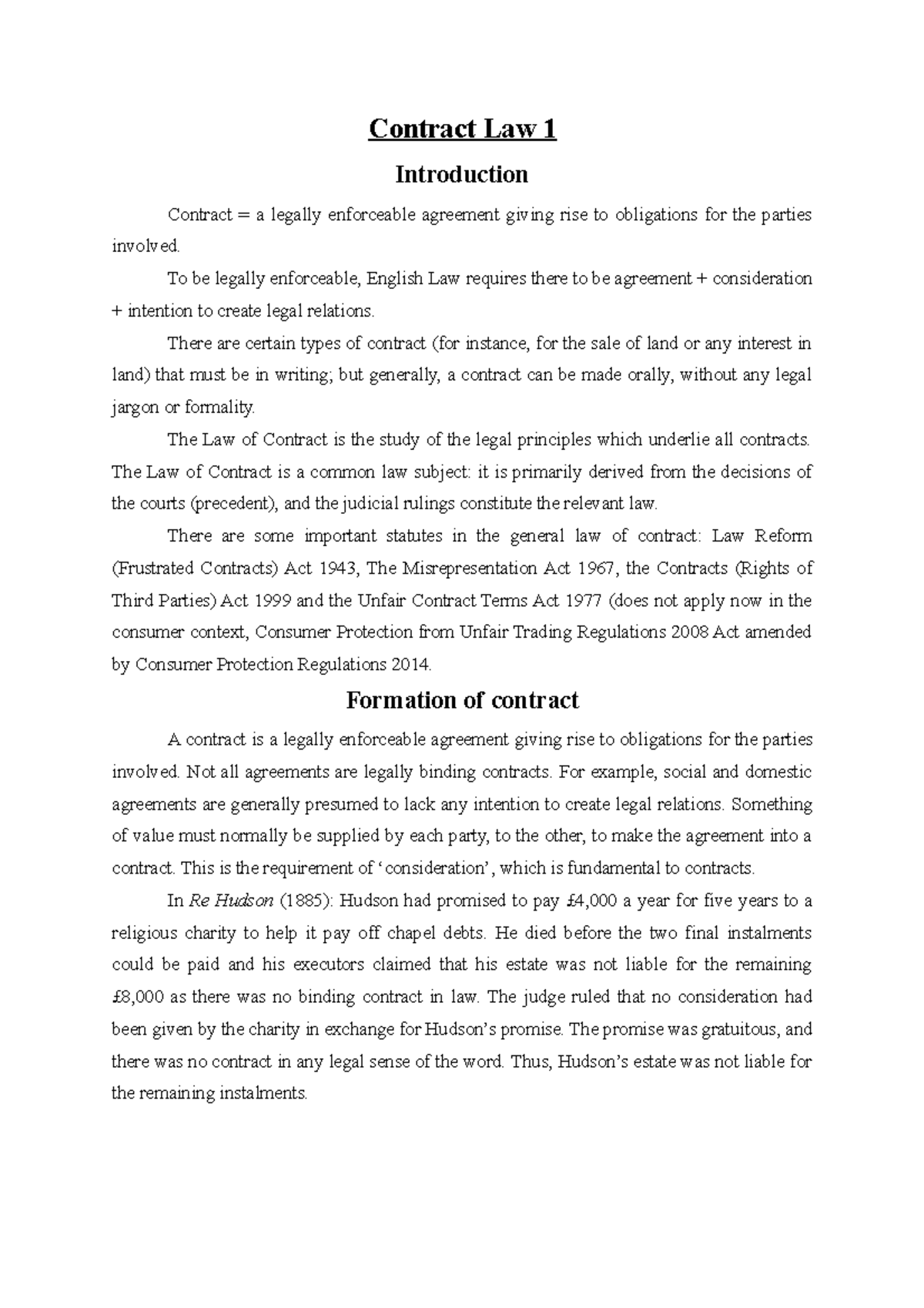 Contract Law 1 course - lecture notes first semester - Contract Law 1 ...