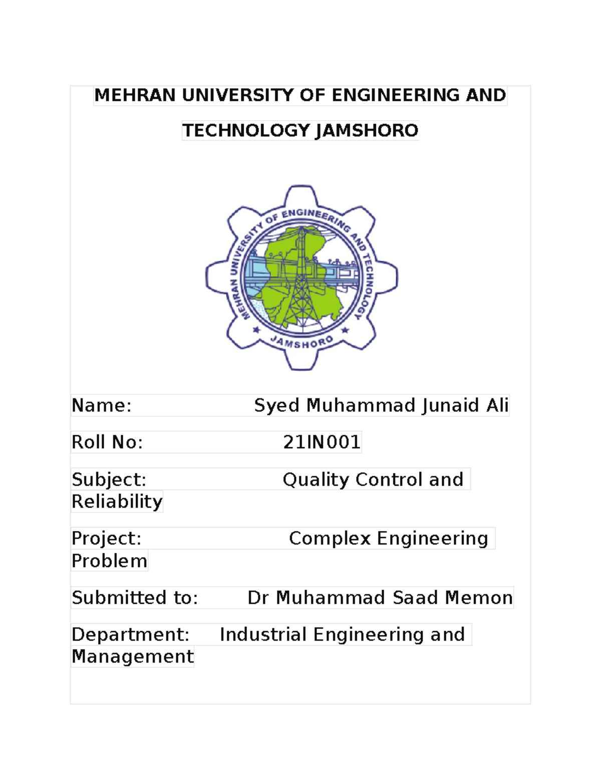 21in001 cep quality - MEHRAN UNIVERSITY OF ENGINEERING AND TECHNOLOGY ...