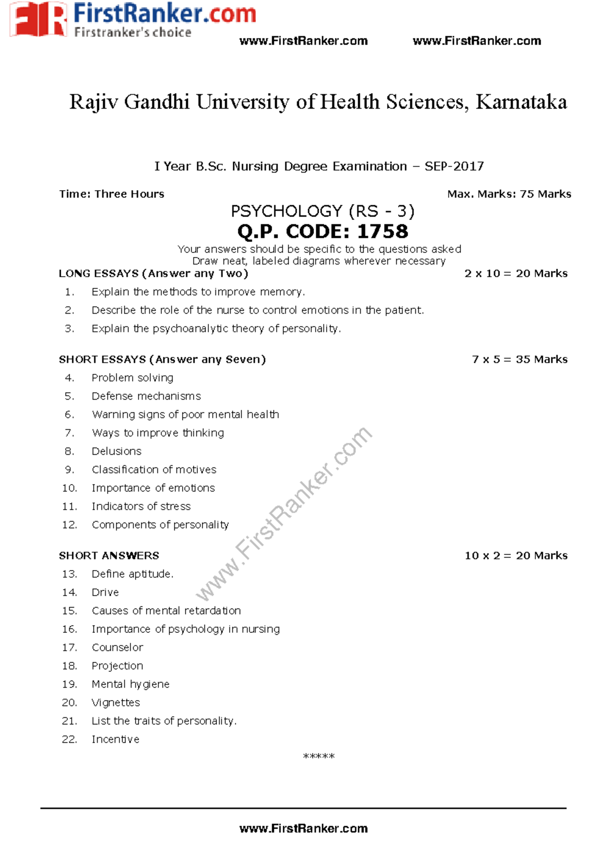 Rguhs BSc 2017 1 Sep 1758 Psychology (RS 3) First Ranker - FirstRanker ...