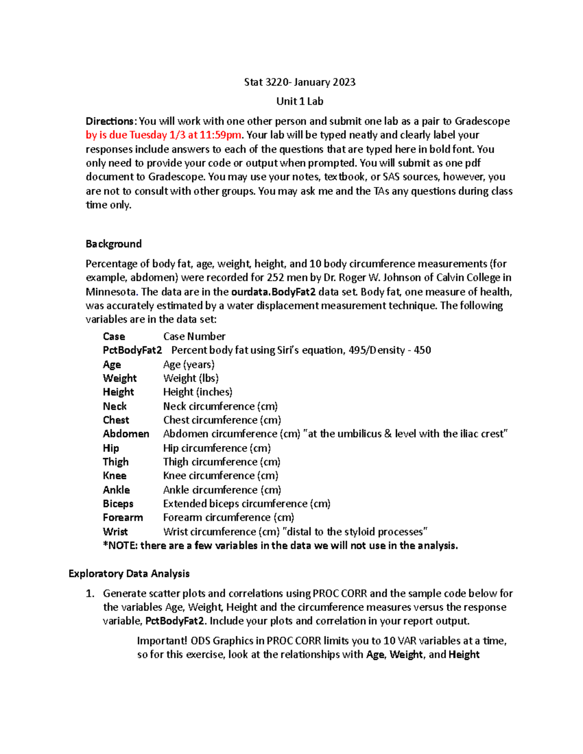 Unit 1 Lab Solutions - Stat 3220- January 2023 Unit 1 Lab Directions ...
