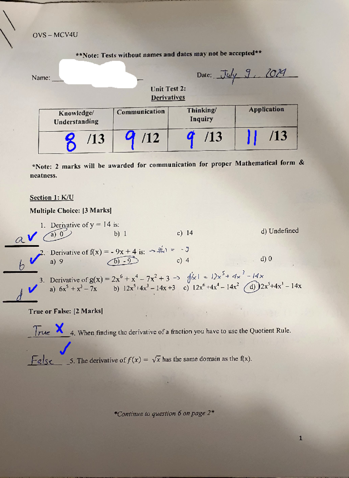 OVS MCV4U Unit 2 Test Marked - Della Maestra - ####### b d Note:Tests ...