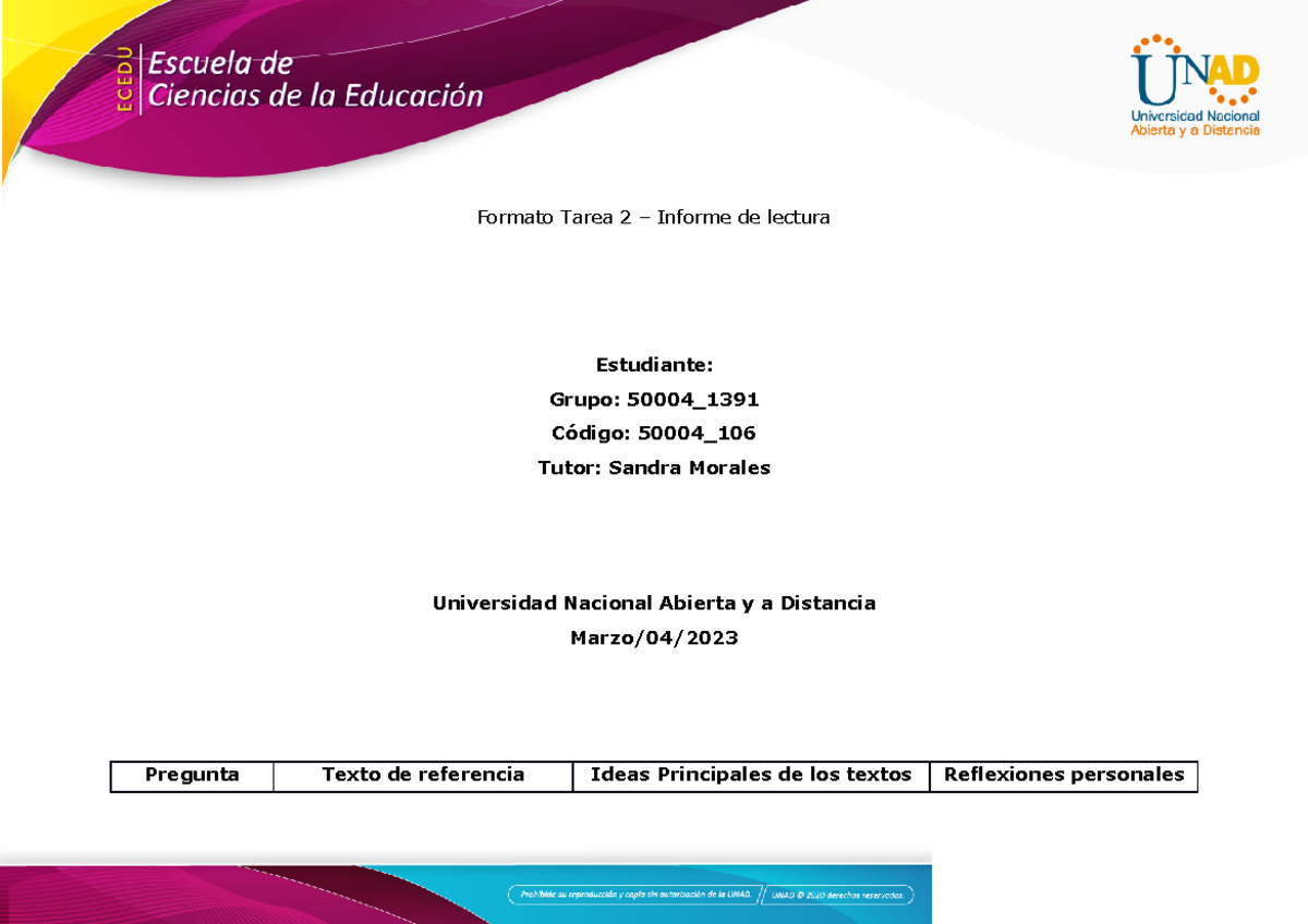 Formato Tarea 2 - EPISTEMOLOGIA DE LA PEDAGOGIA - Formato Tarea 2 – Informe de lectura ...