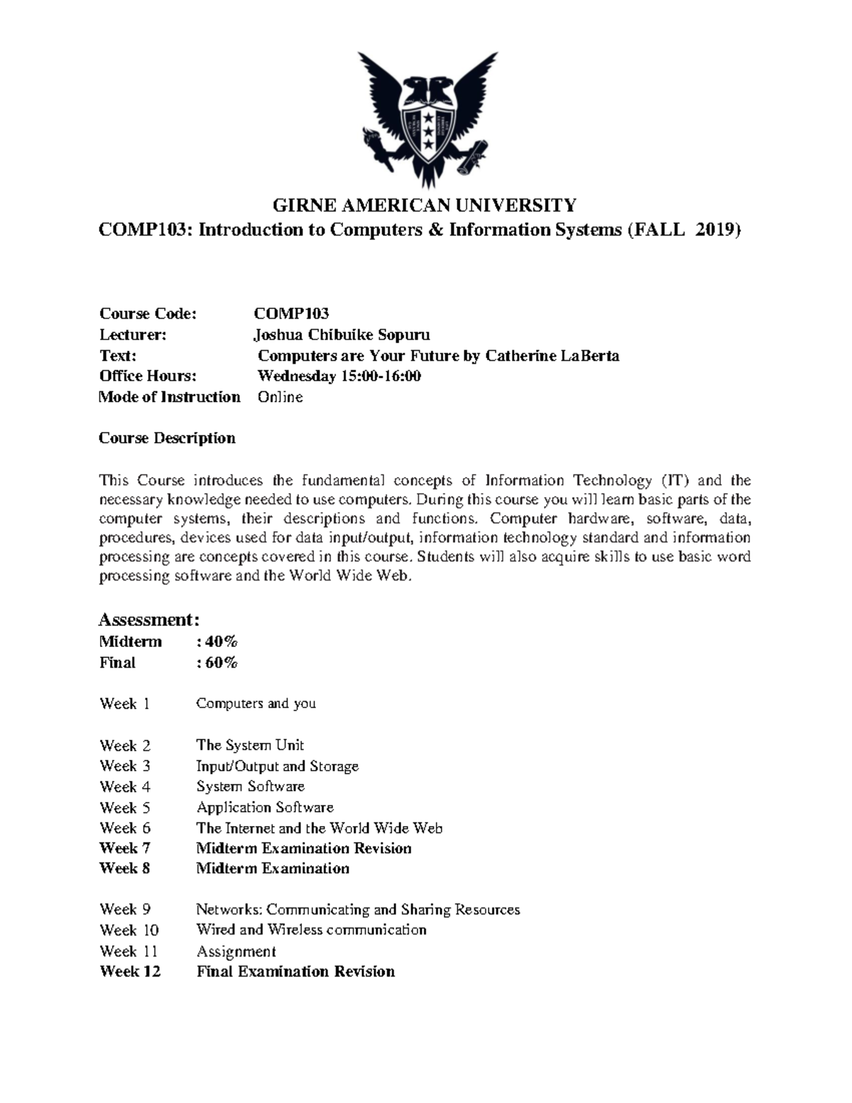 Course Syllabus - ewsrgwrgett - GIRNE AMERICAN UNIVERSITY COMP103: Introduction to Computers ...