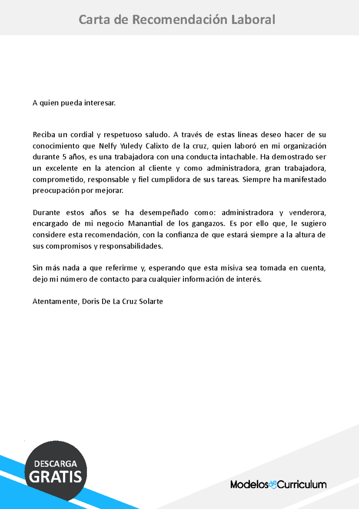 Carta de recomendacion de yuledy - A quien pueda interesar. Reciba un ...