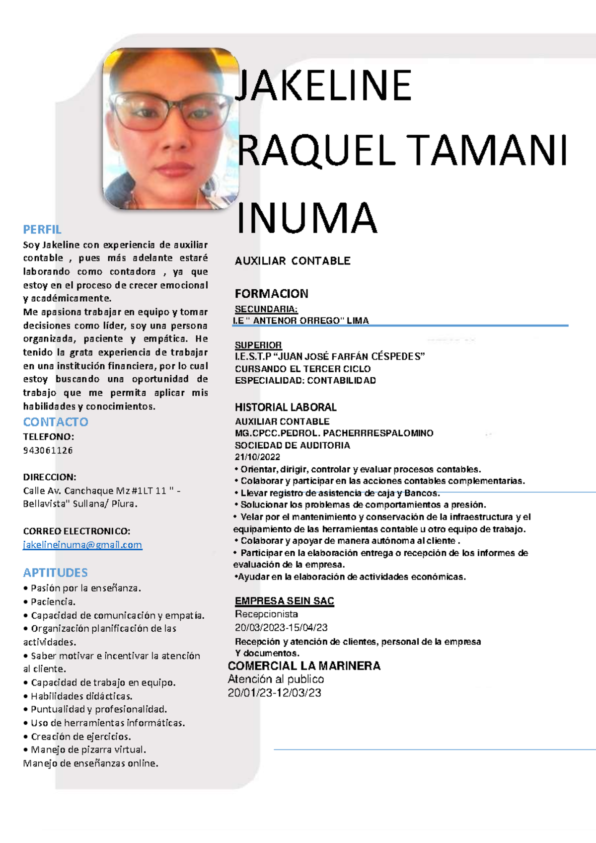 Curriculum Tamani 12 - gghghg - PERFIL Soy Jakeline con experiencia de ...
