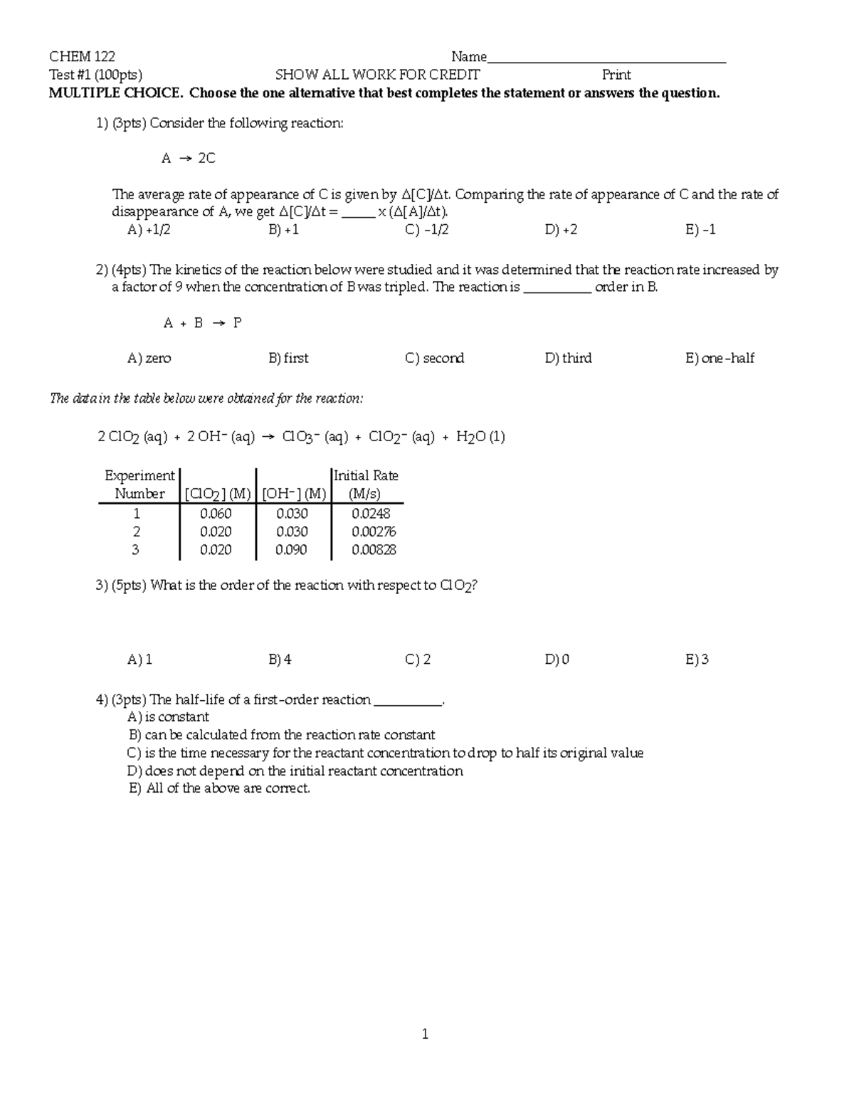 Chem 122 Test #1 Blank - This is a practice test - CHEM 122 Name