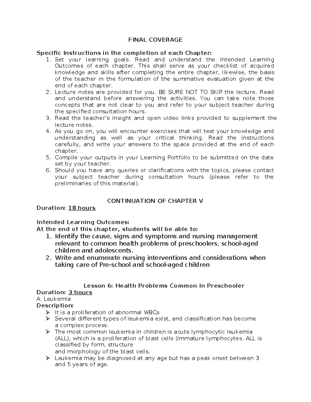 Final- Coverage - N/A - FINAL COVERAGE Specific Instructions in the completion of each Chapter ...