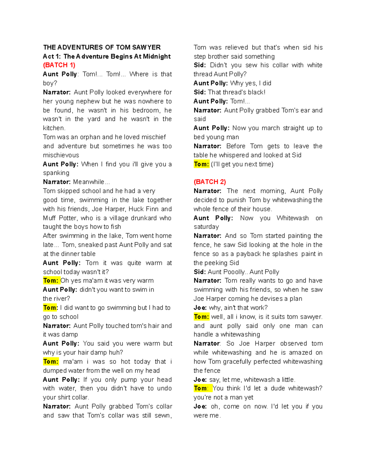 Adventures of Tom Sawyer -Movie Script - THE ADVENTURES OF TOM SAWYER ...