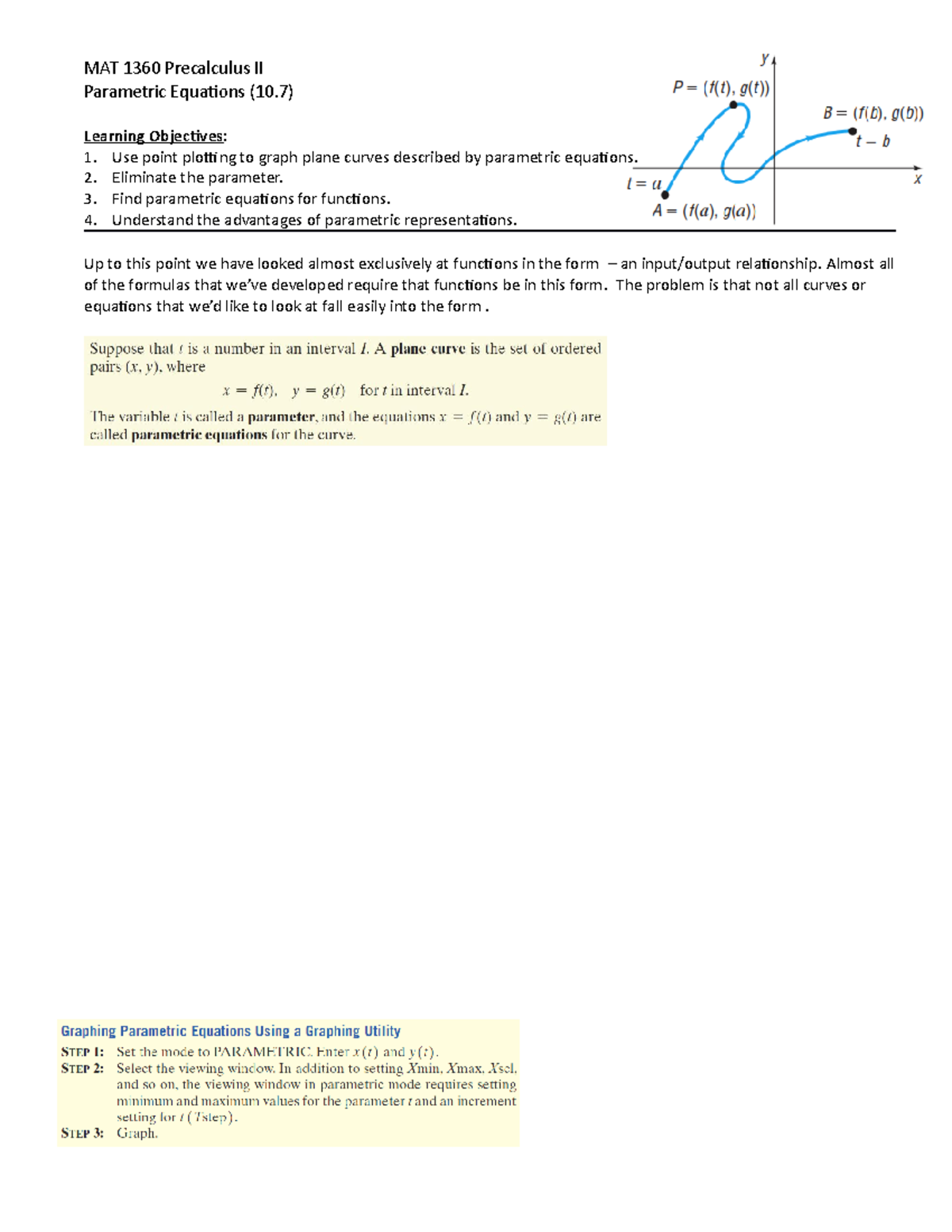 10.7 Notes HO - parametric equations - MAT 1360 Precalculus II ...