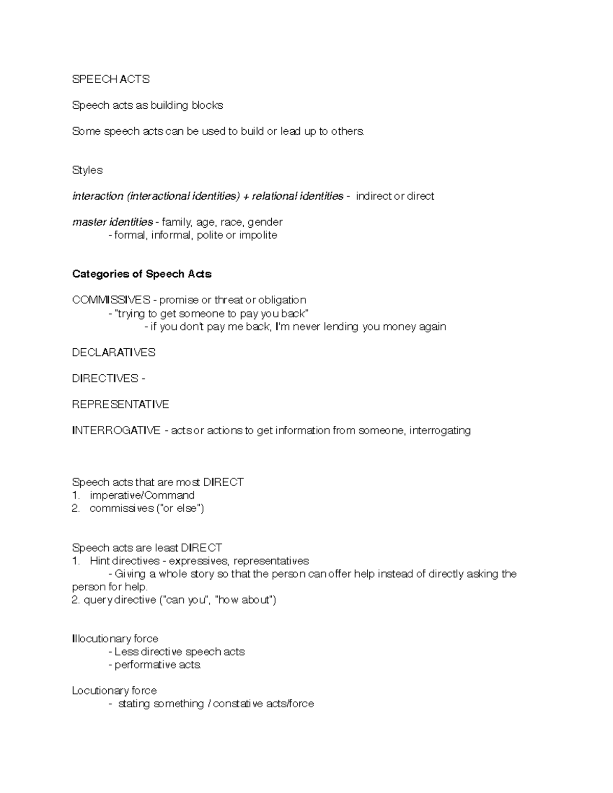 Notes for Practice Assignment 3 - SPEECH ACTS Speech acts as building ...