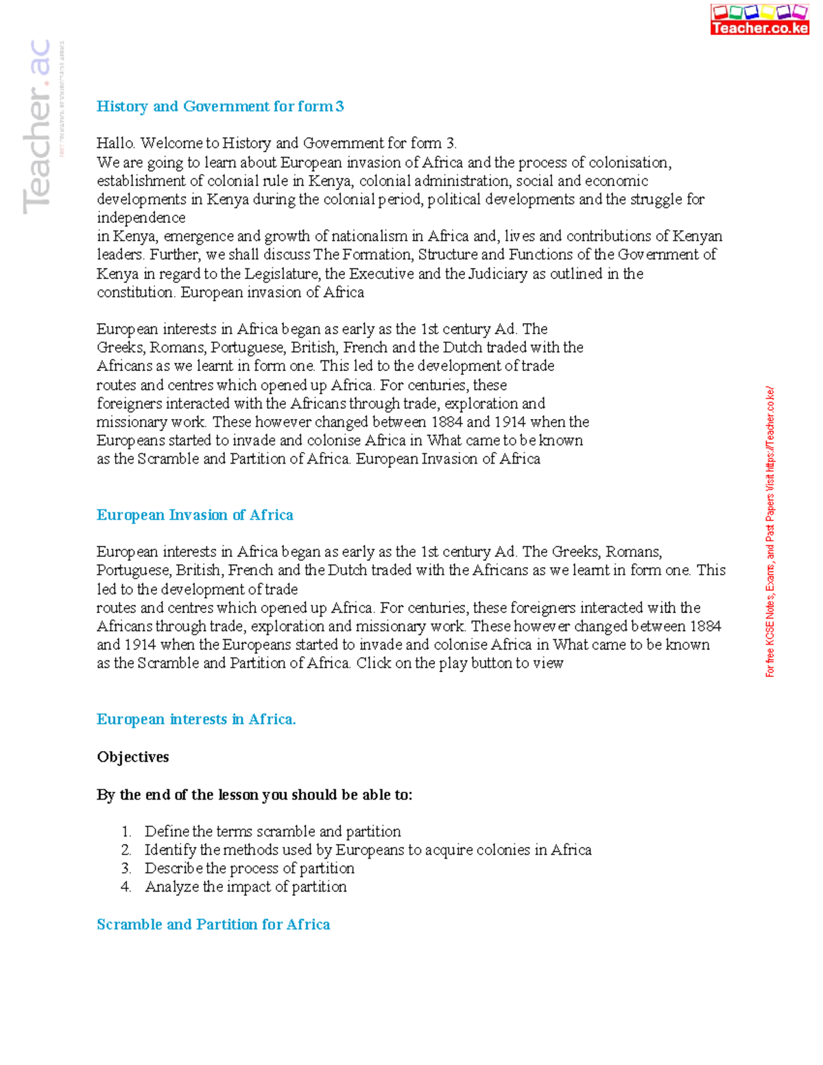 History Form 3 Notes Teacher co ke - History and Government for form 3 ...