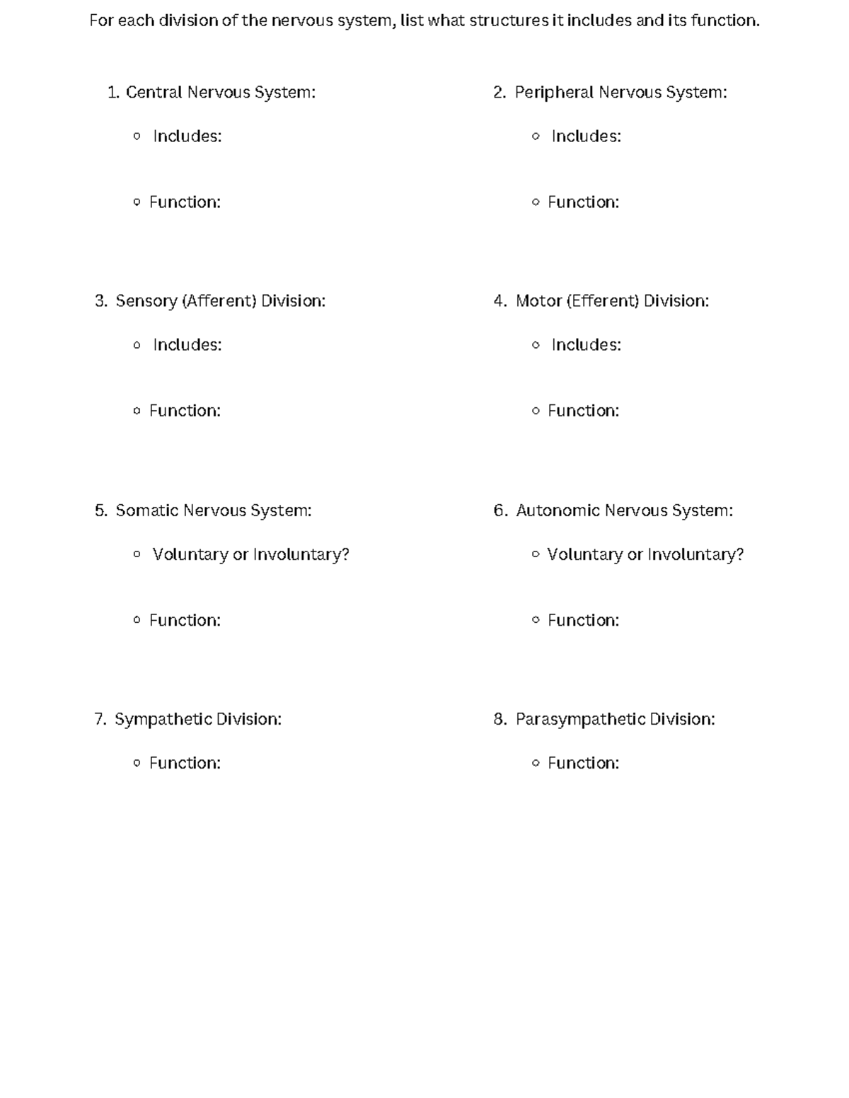 Worksheet 6.1 (1) - For each division of the nervous system, list what ...
