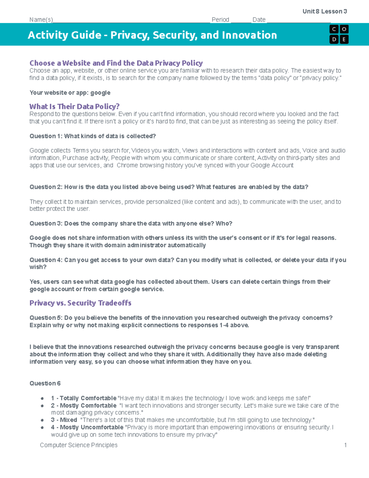 Copy of 1c. Activity Guide - Privacy, Security, and Innovation - Unit 8 Lesson 3 - Unit 8 Lesson ...