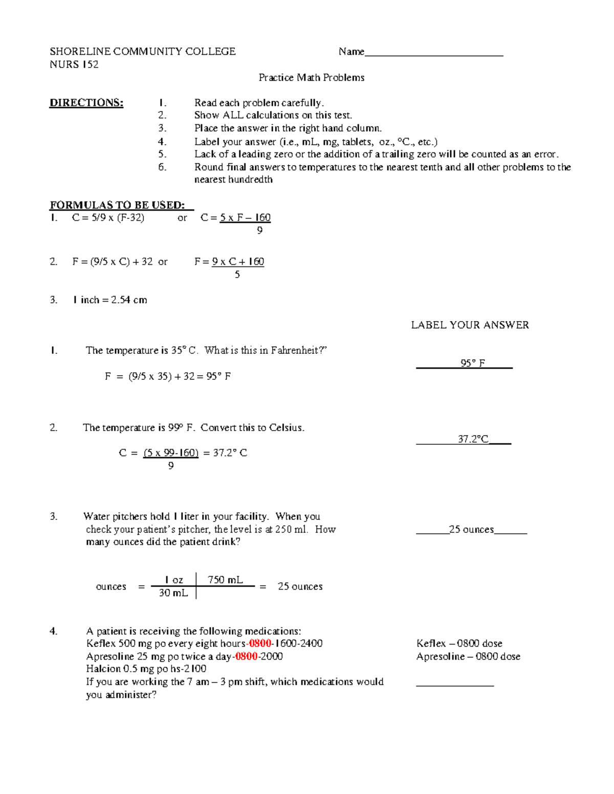 Practice Math Problems Answers 1 SHORELINE COMMUNITY COLLEGE Name