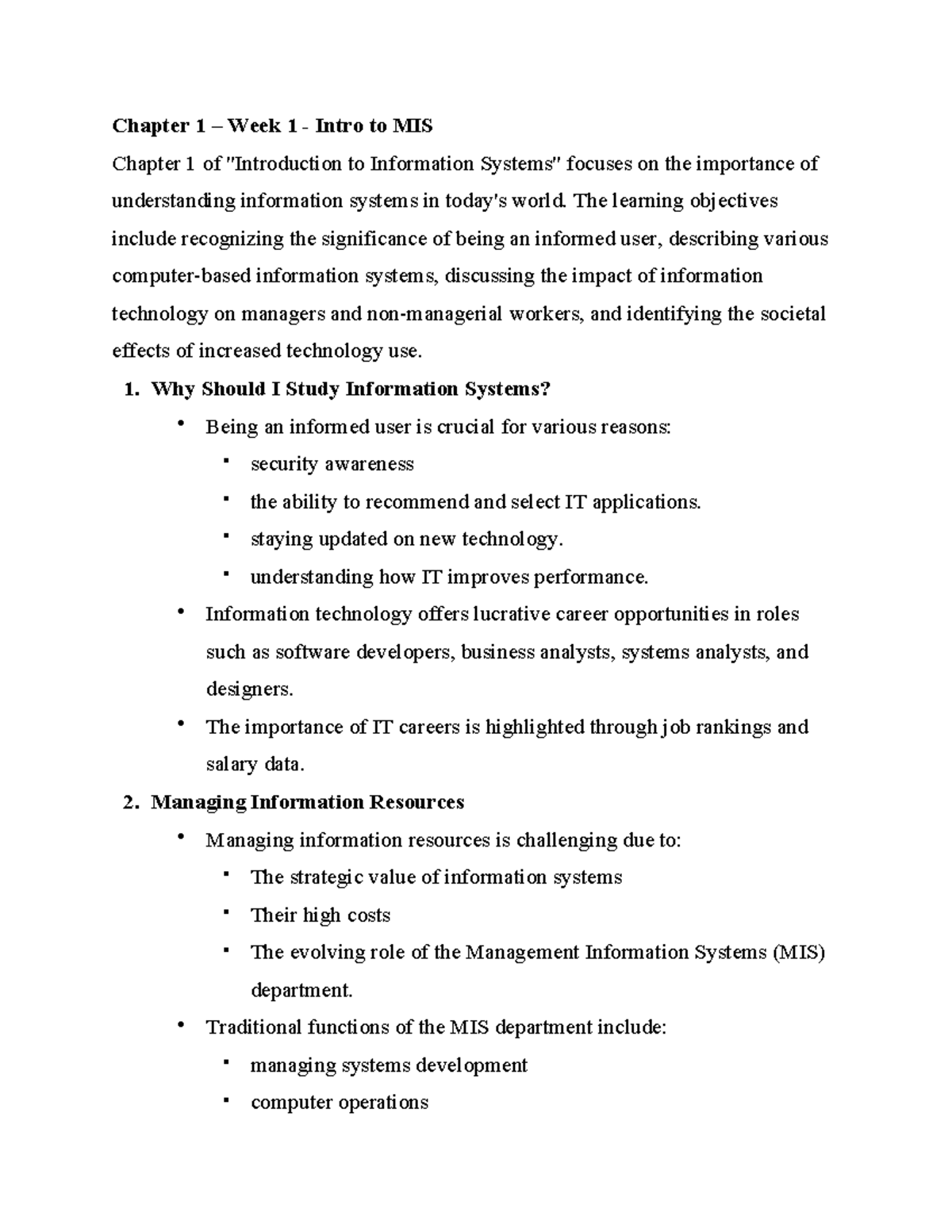 MIS Notes summaries for Midterm - Chapter 1 – Week 1 - Intro to MIS ...