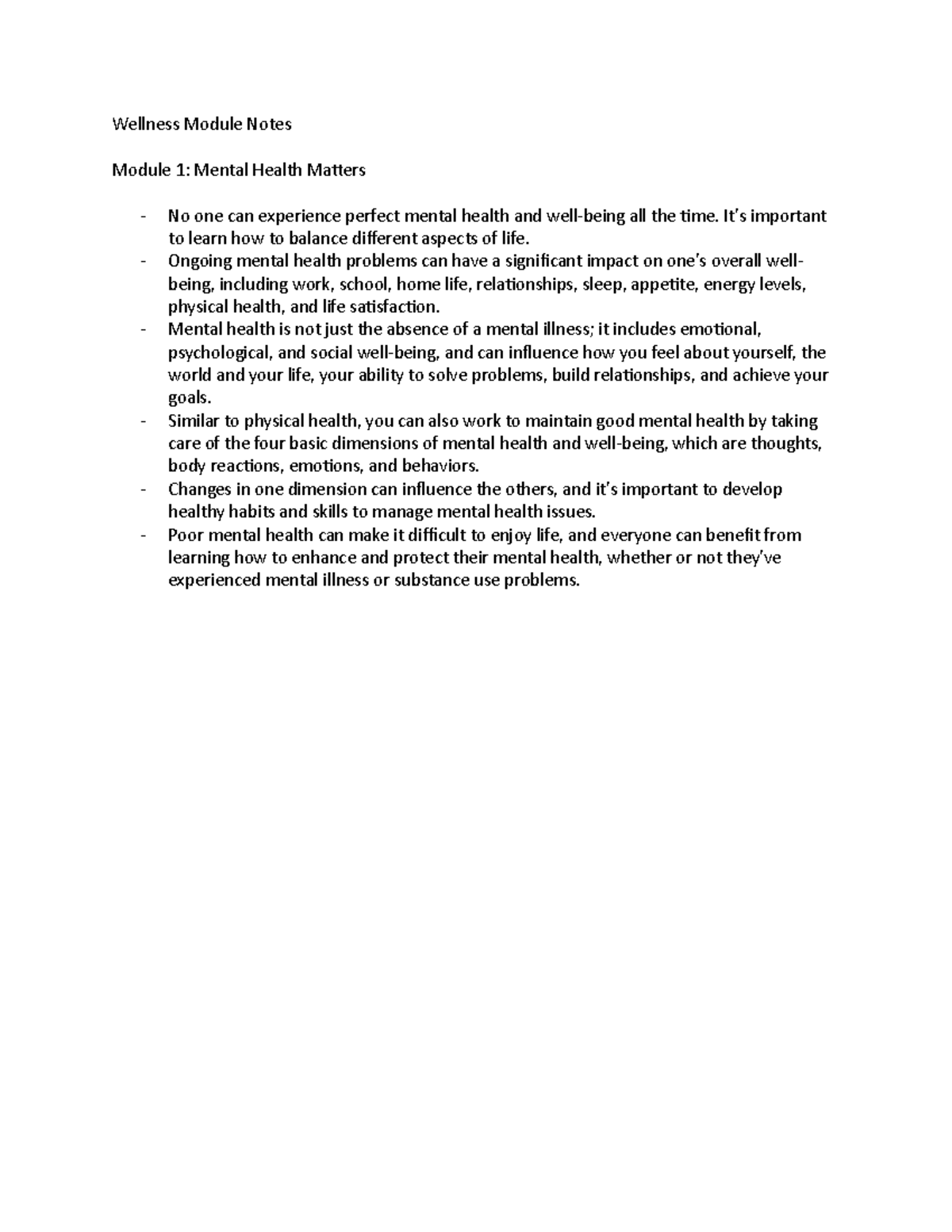 Module 1 - Wellness Module Notes Module 1: Mental Health Matters No one ...