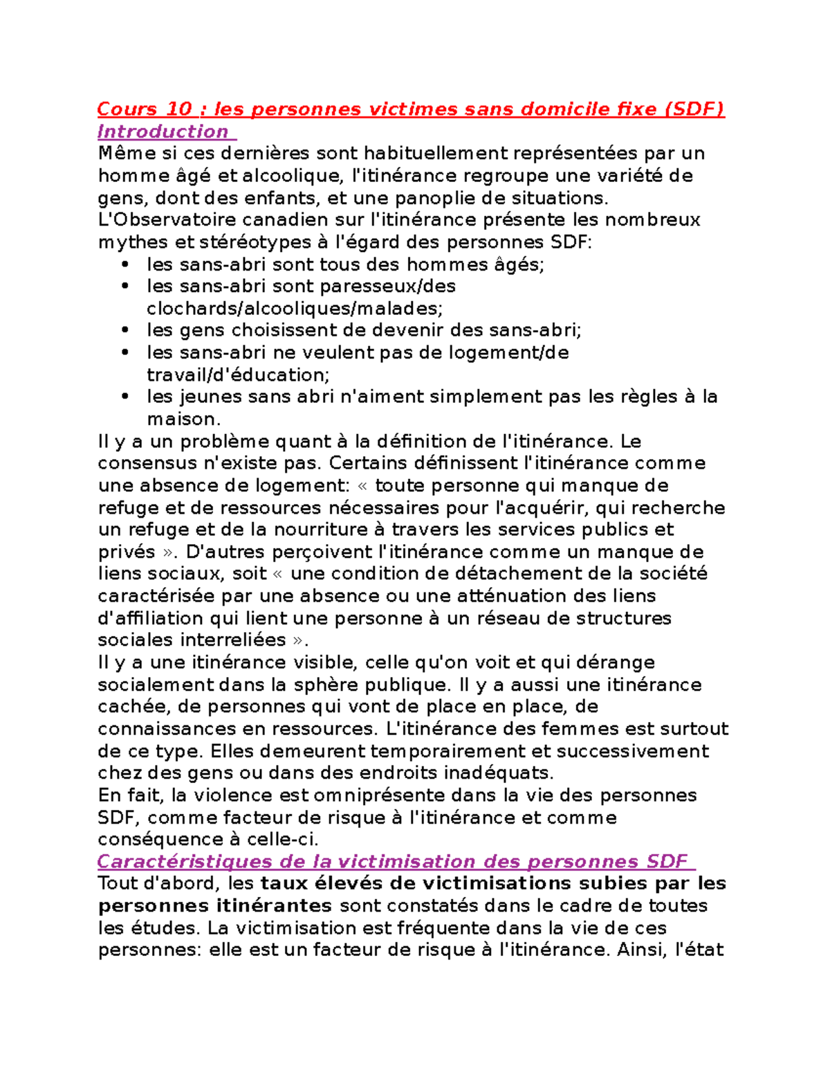 Cours 10 - Cours 10 : les personnes victimes sans domicile fixe (SDF) Introduction Même si ces ...