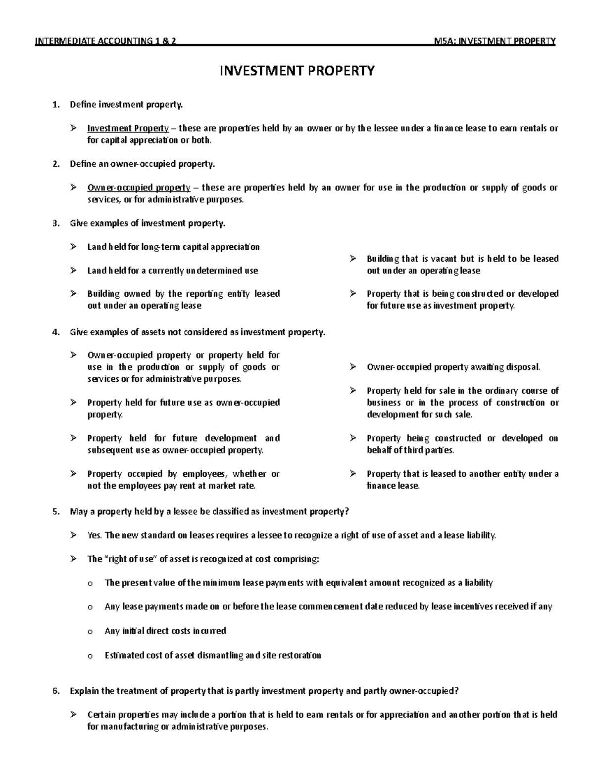 M5A - Investment Property - INVESTMENT PROPERTY 1. Define investment ...