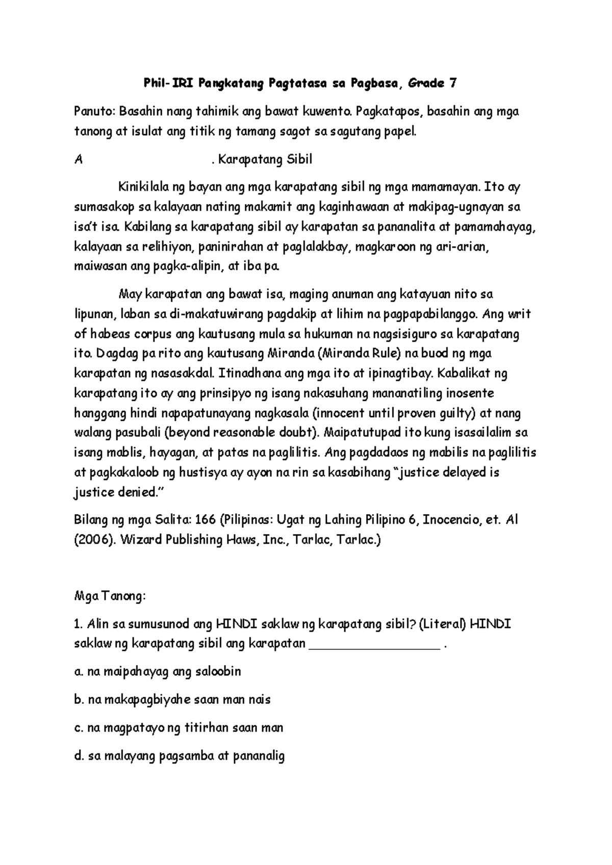 Phil-IRI G7 TEST - READING MATERIALS FOR READERS IN JUNIOR HIGH SCHOOL ...
