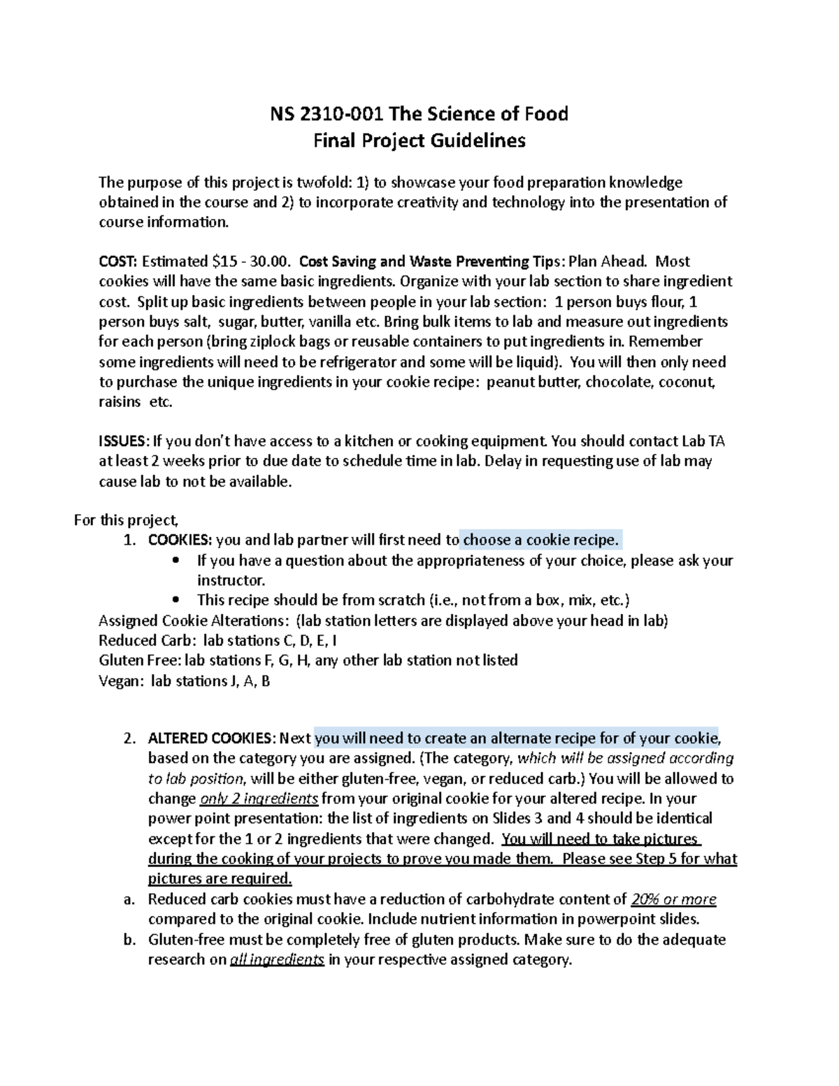Cookie Lab Instructions - NS 2310-001 The Science of Food Final Project ...