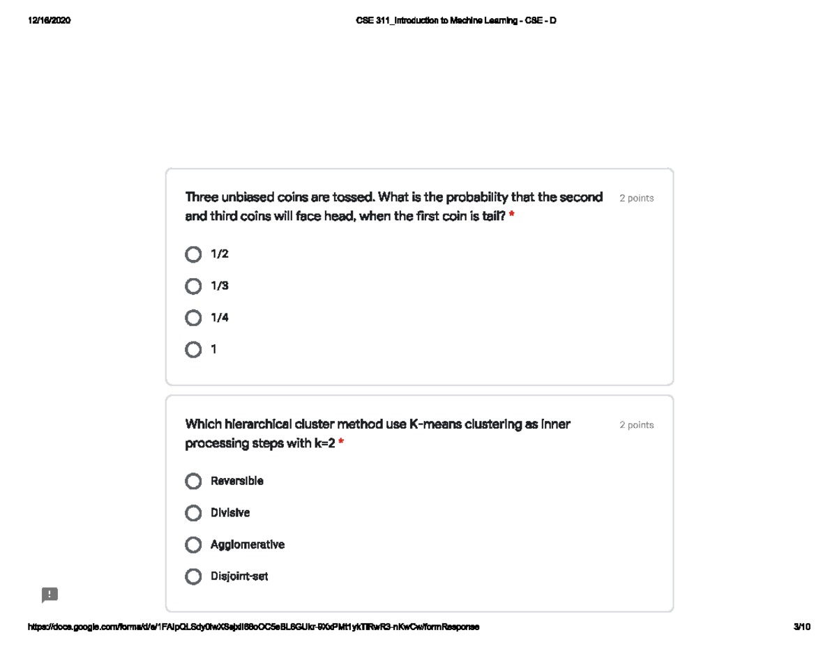 A1 - sds - CSE 311_Introduction to Machine Learning CSE D Three unbiased coins are tossed. What ...