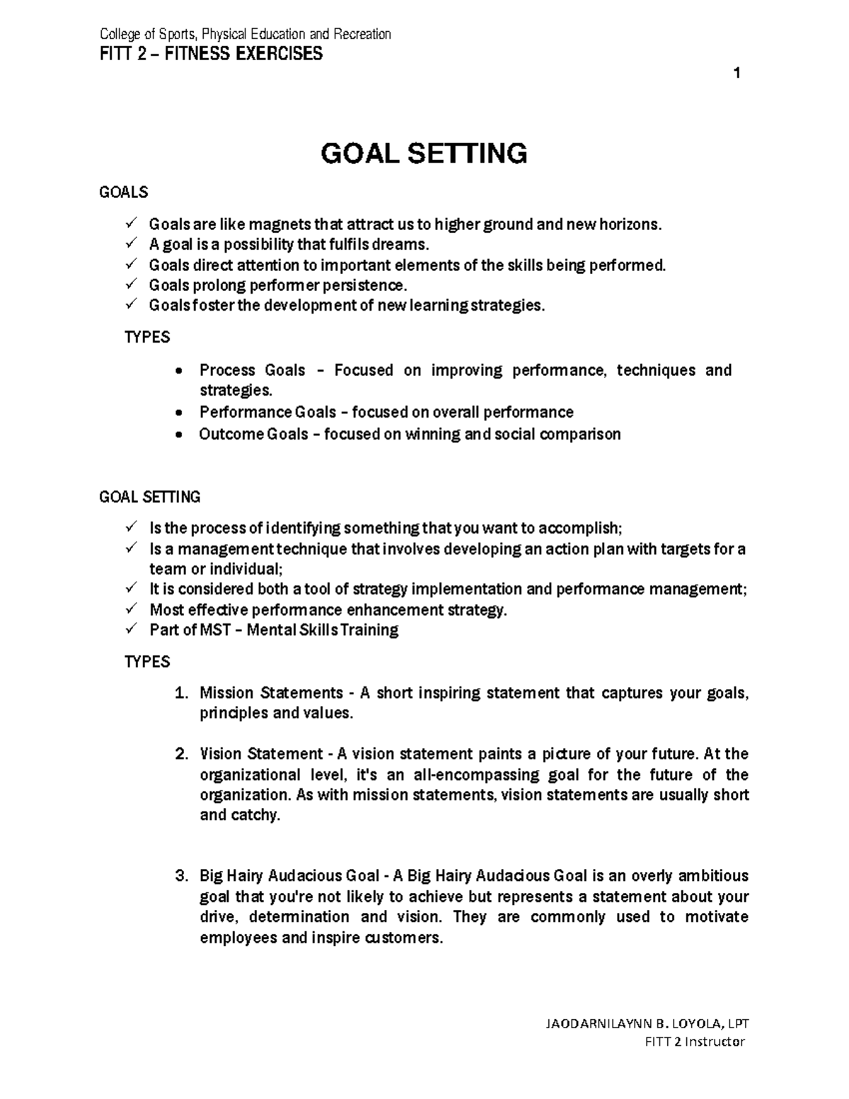 FITT-2- Handouts - Lecture - FITT 2 – FITNESS EXERCISES 1 JAODARNILAYNN ...