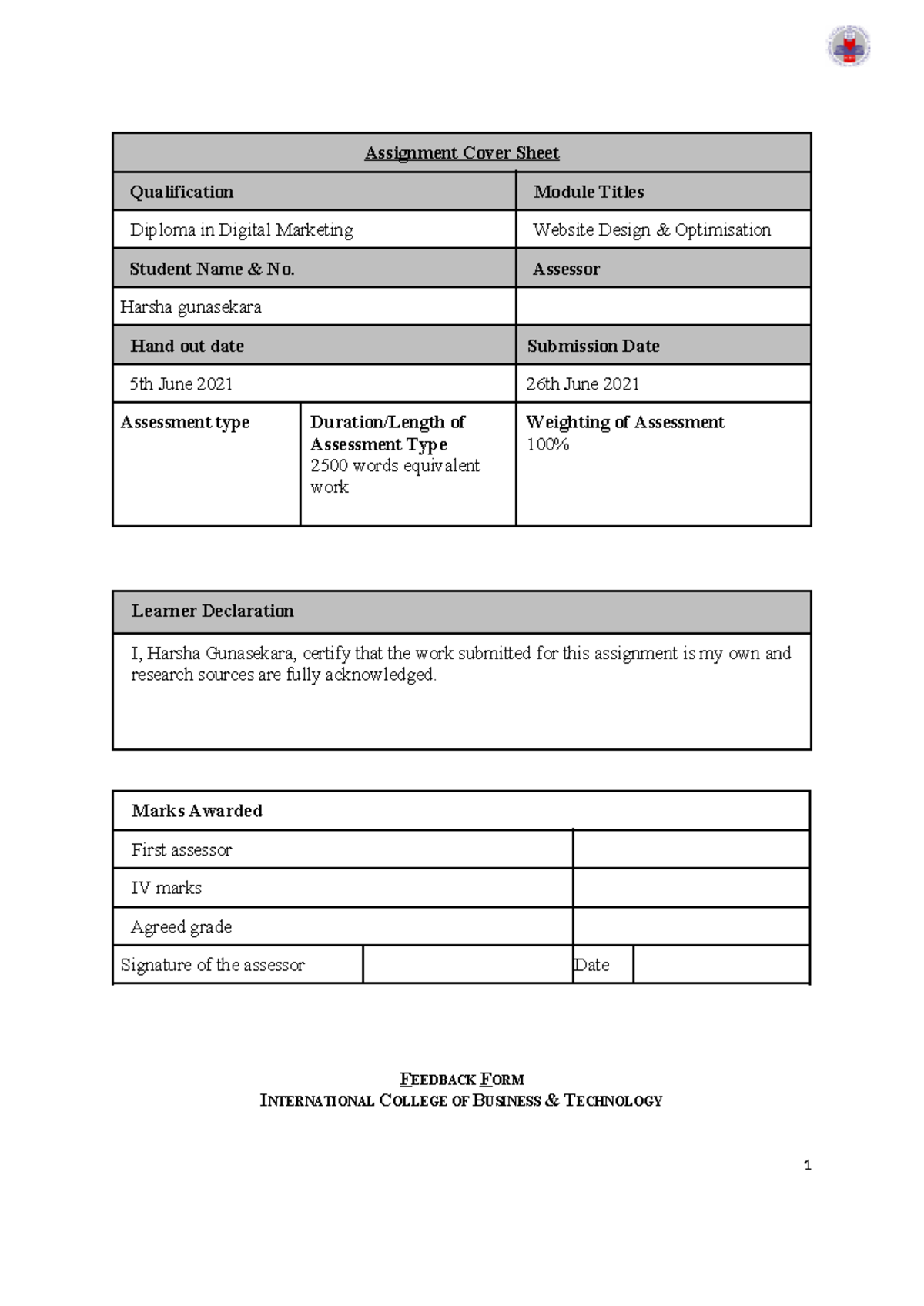 Assignment Website Design & Optimisation - Assignment Cover Sheet ...