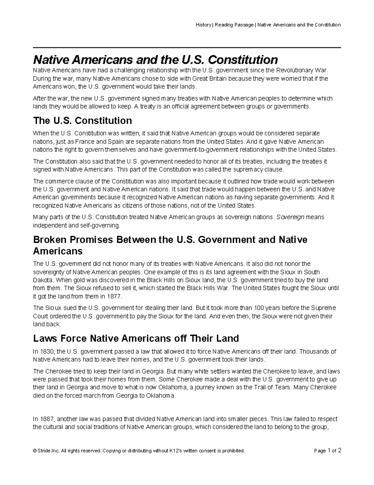 Native Americans Constitution Article - History | Reading Passage ...