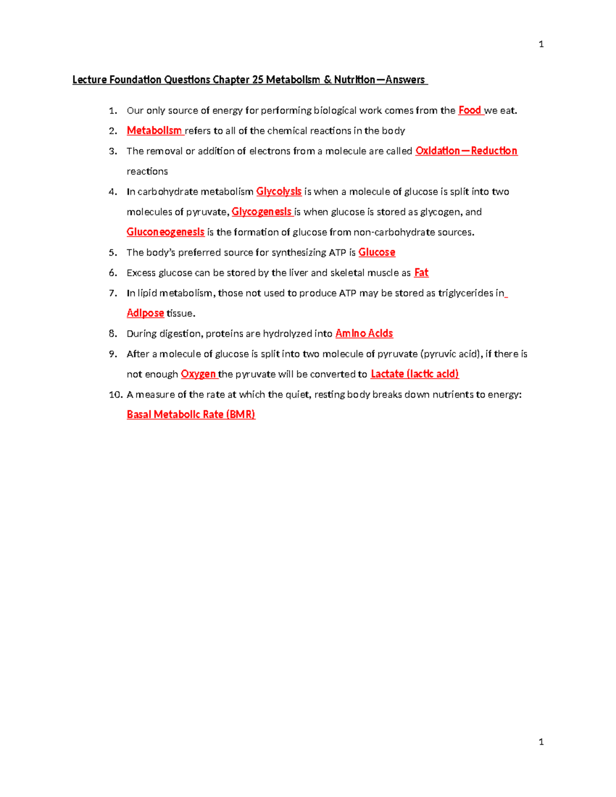 Lecture Foundation Questions Chapter 25 Metabolism & Nutrition Answers ...