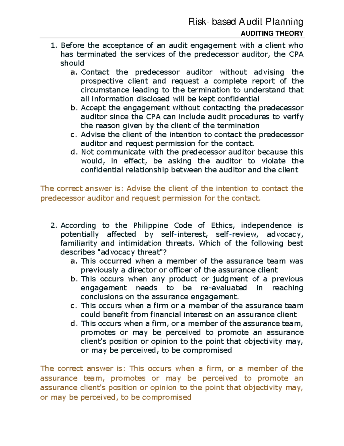 (AUD THEO) Risk-Based Audit Planning Practice Test - AUDITING THEORY ...