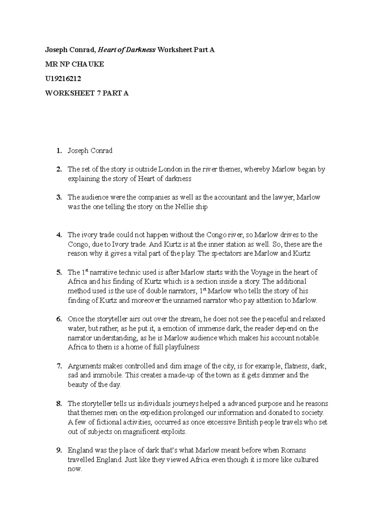 Worksheet 7 - Joseph Conrad, Heart of Darkness Worksheet Part A MR NP ...