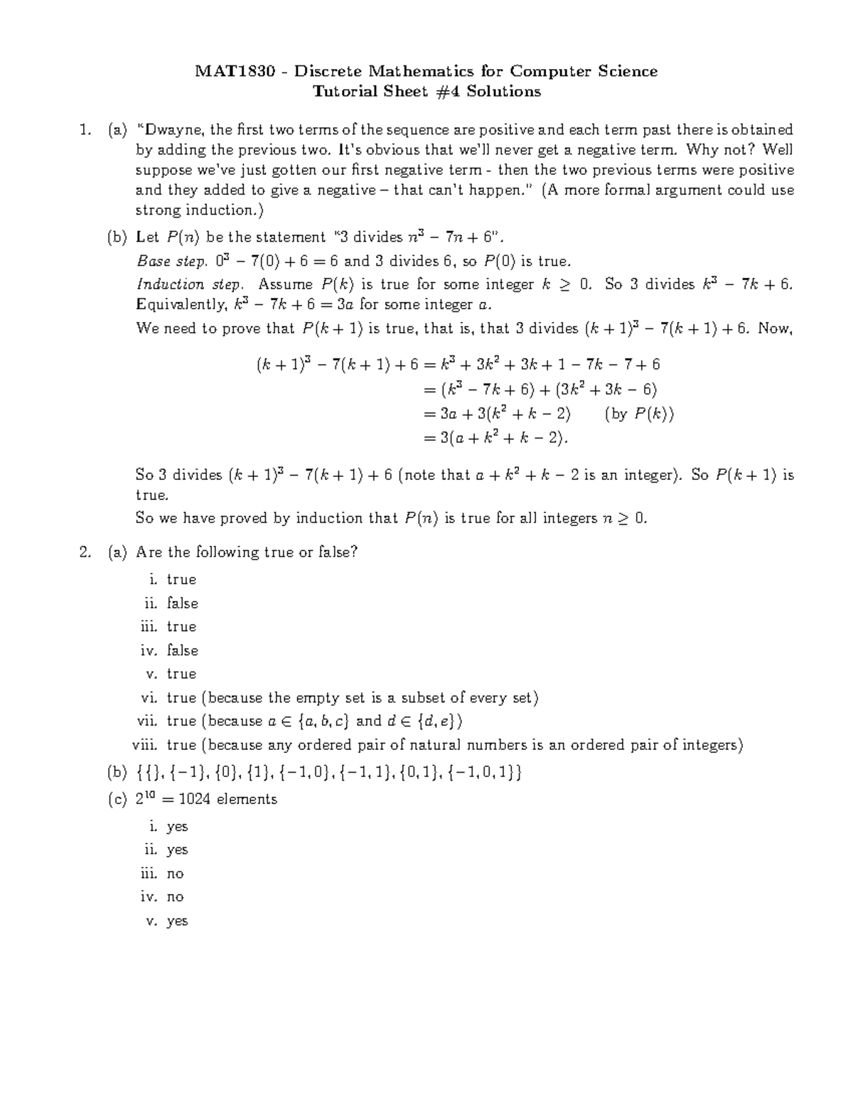 Tute4solns Tute 2 Solution Mat1830 Discrete Mathematics For Computer Science Tutorial