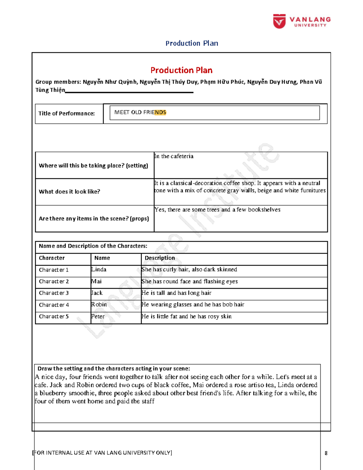 Production Plan group 3 - Title of Performance: Draw the setting and ...