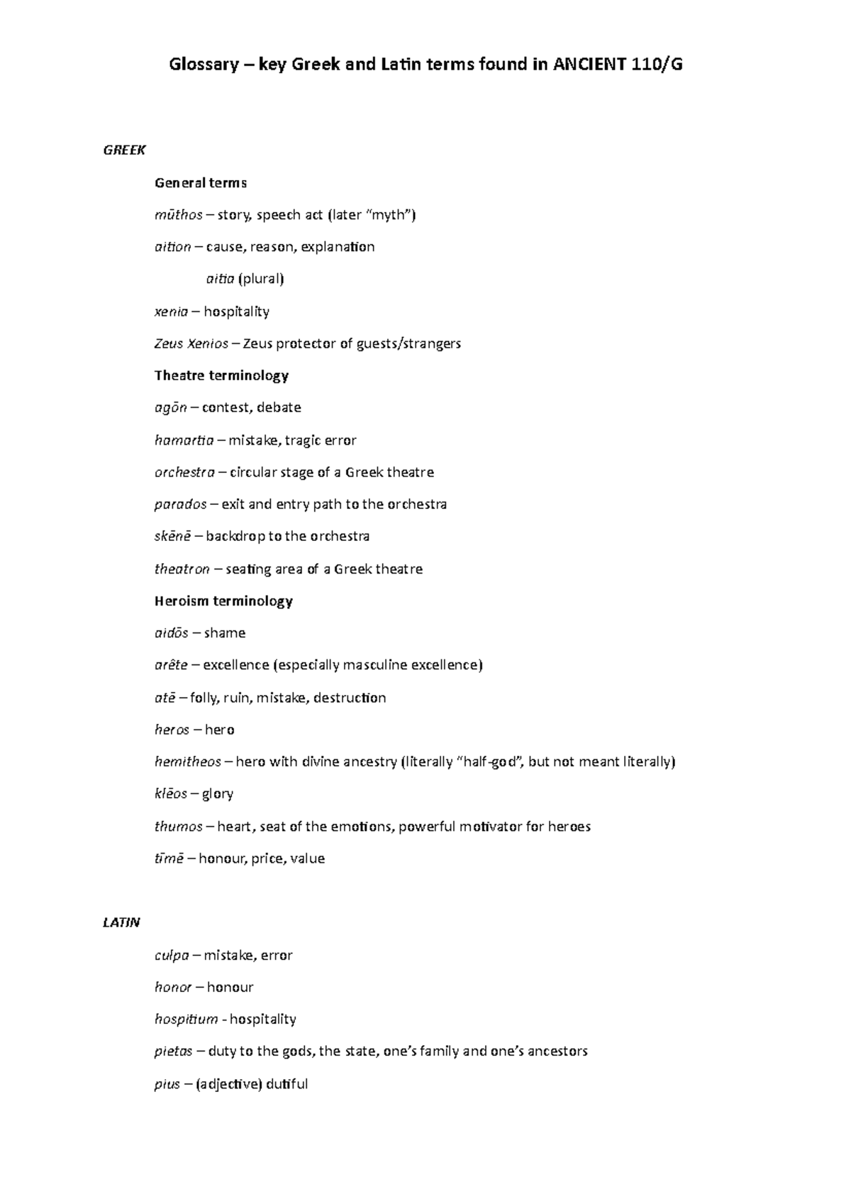 Glossary of key Greek and Latin terms - Studocu