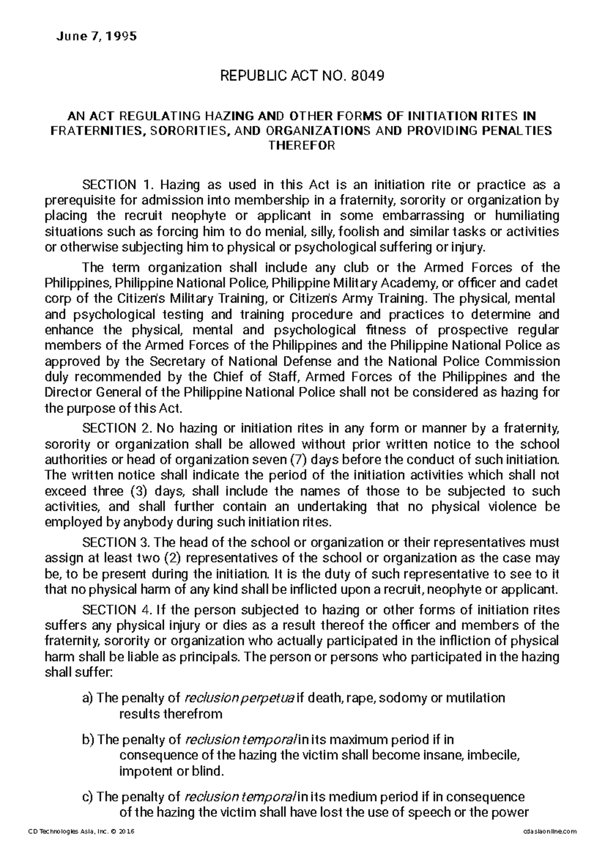 62358-1995-Anti-Hazing Law - June 7, 1995June 7, 1995 REPUBLIC ACT NO ...