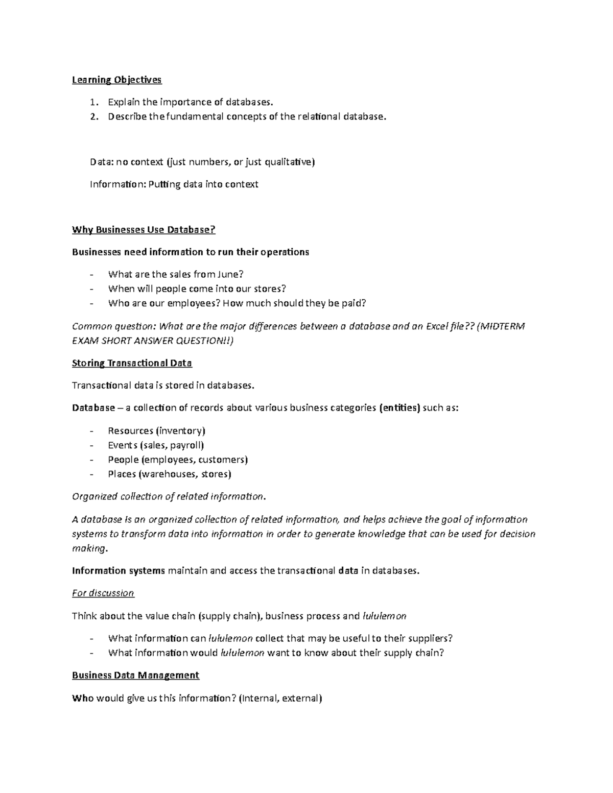 Database Notes - Y.M Cheng - Learning Objectives 1. Explain the ...