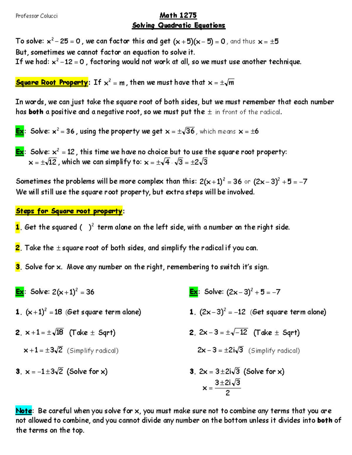 MA1275-Lesson 17 (Quad Eqn2) - Professor Colucci Math 1275 Solving ...