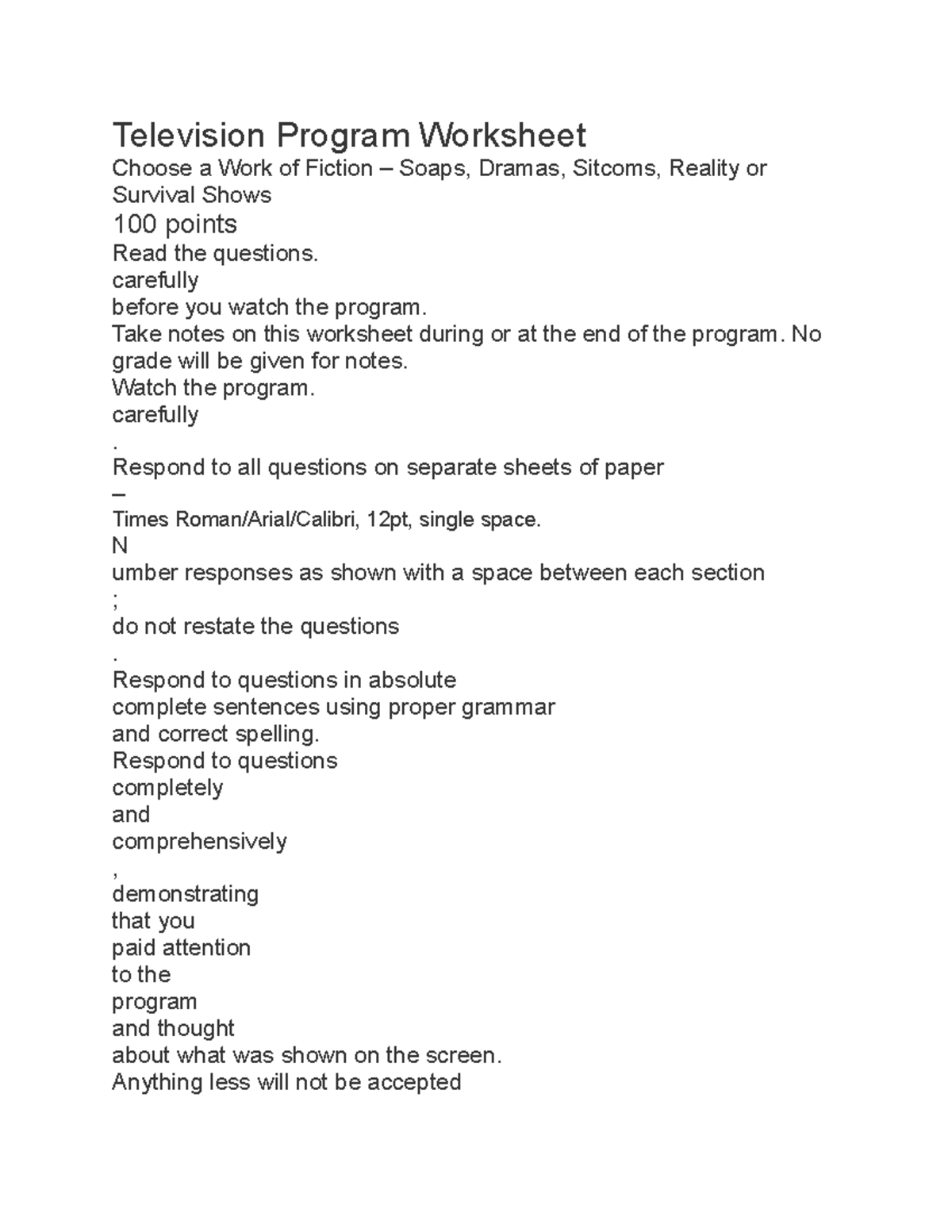 Movie worksheet - Television Program Worksheet Choose a Work of Fiction ...