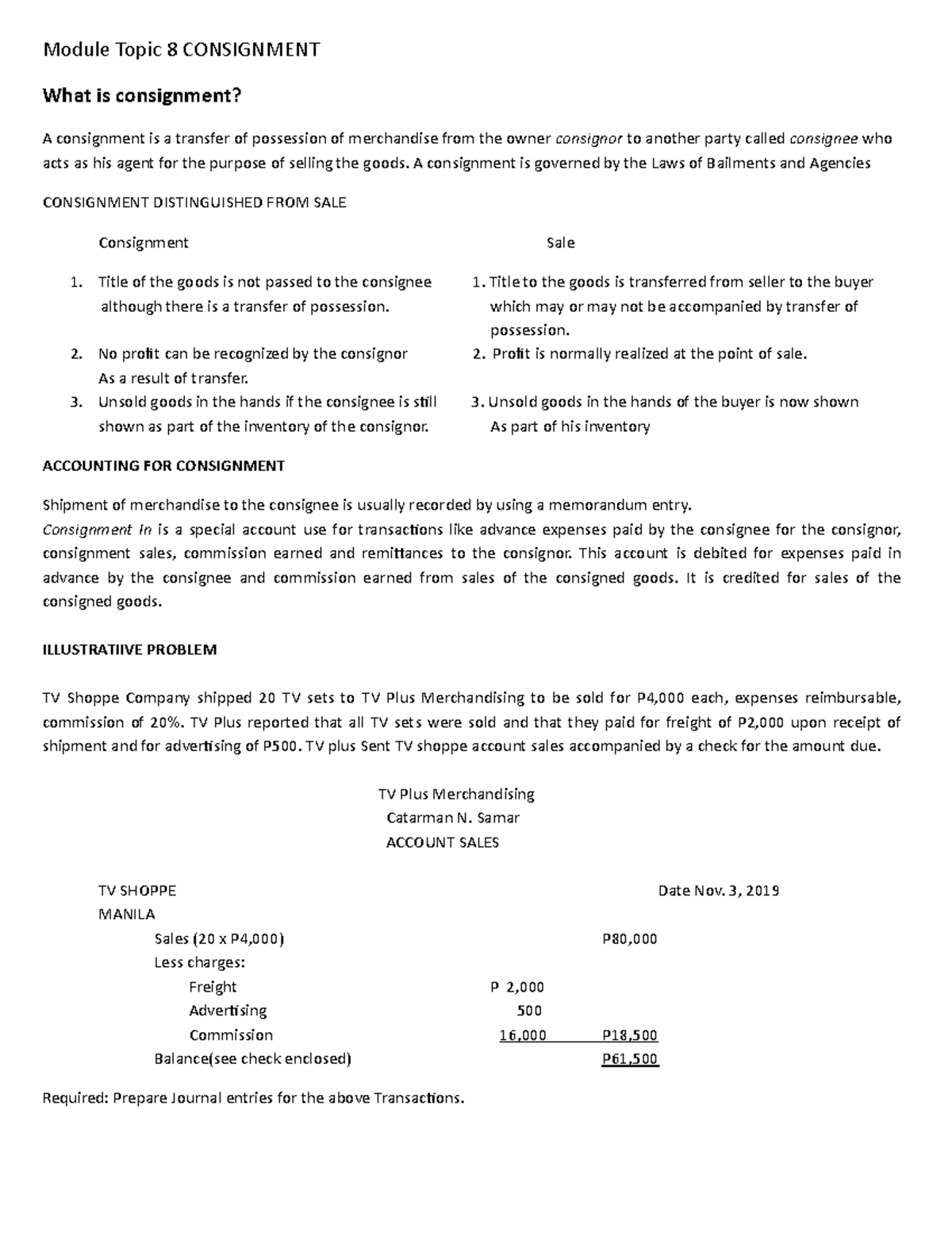 Afar 1 module Topic 8 - Module Topic 8 CONSIGNMENT What is consignment ...