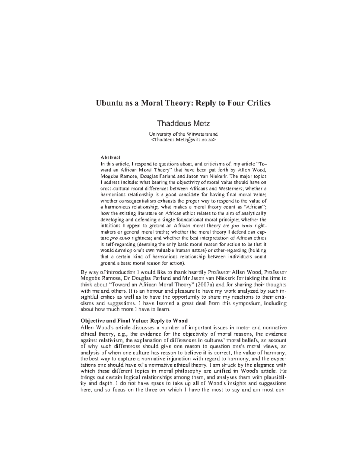 Ubuntu AS A Moral Theory - Ubuntu as a Moral Theory: Reply to Four ...