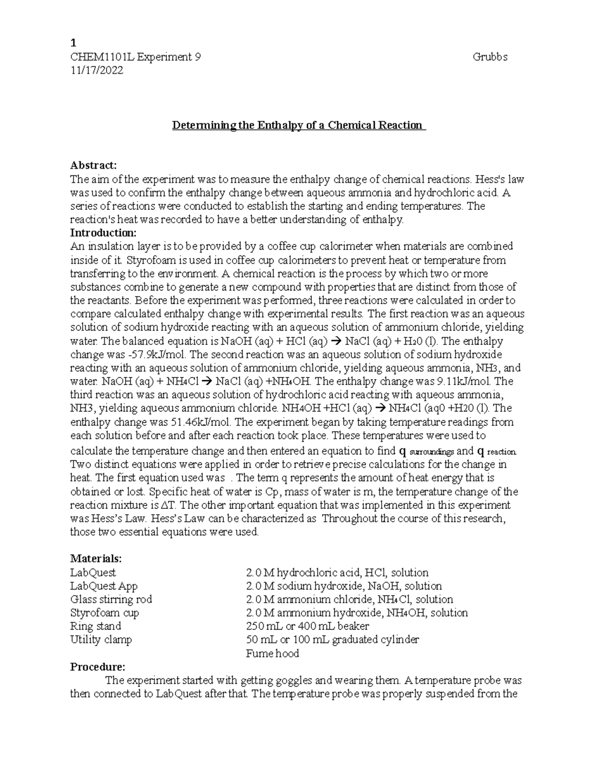 Full lab report - 1 CHEM1101L Experiment 9 Grubbs 11/17/ Determining ...