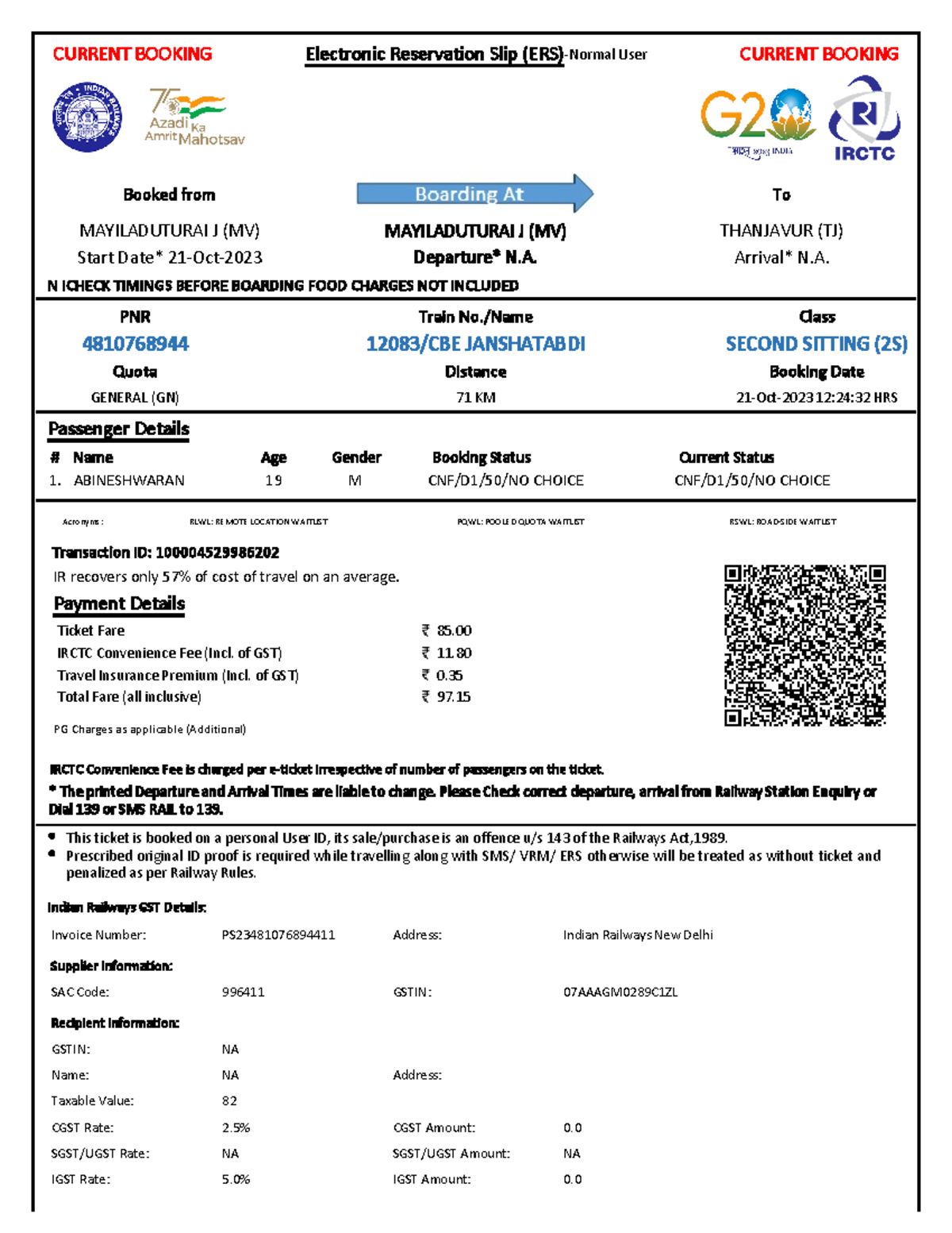 4810768944 - CURRENT BOOKING Electronic Reservation Slip (ERS)-Normal ...