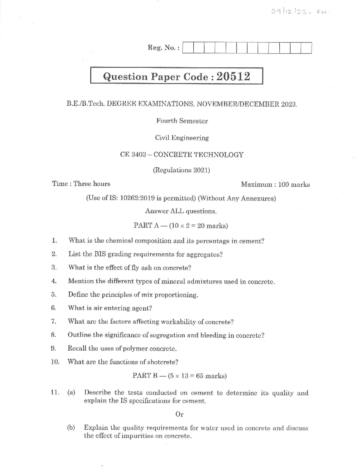 CE3403 - Concrete Technology R2021 - 2023 Nov - FN Reg. No. : Question ...