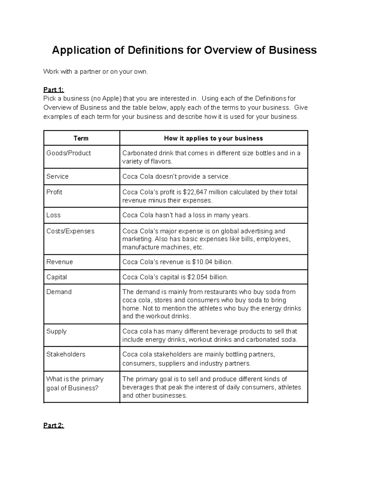 Application for Definitions for Overview of Business - Part 1: Pick a ...